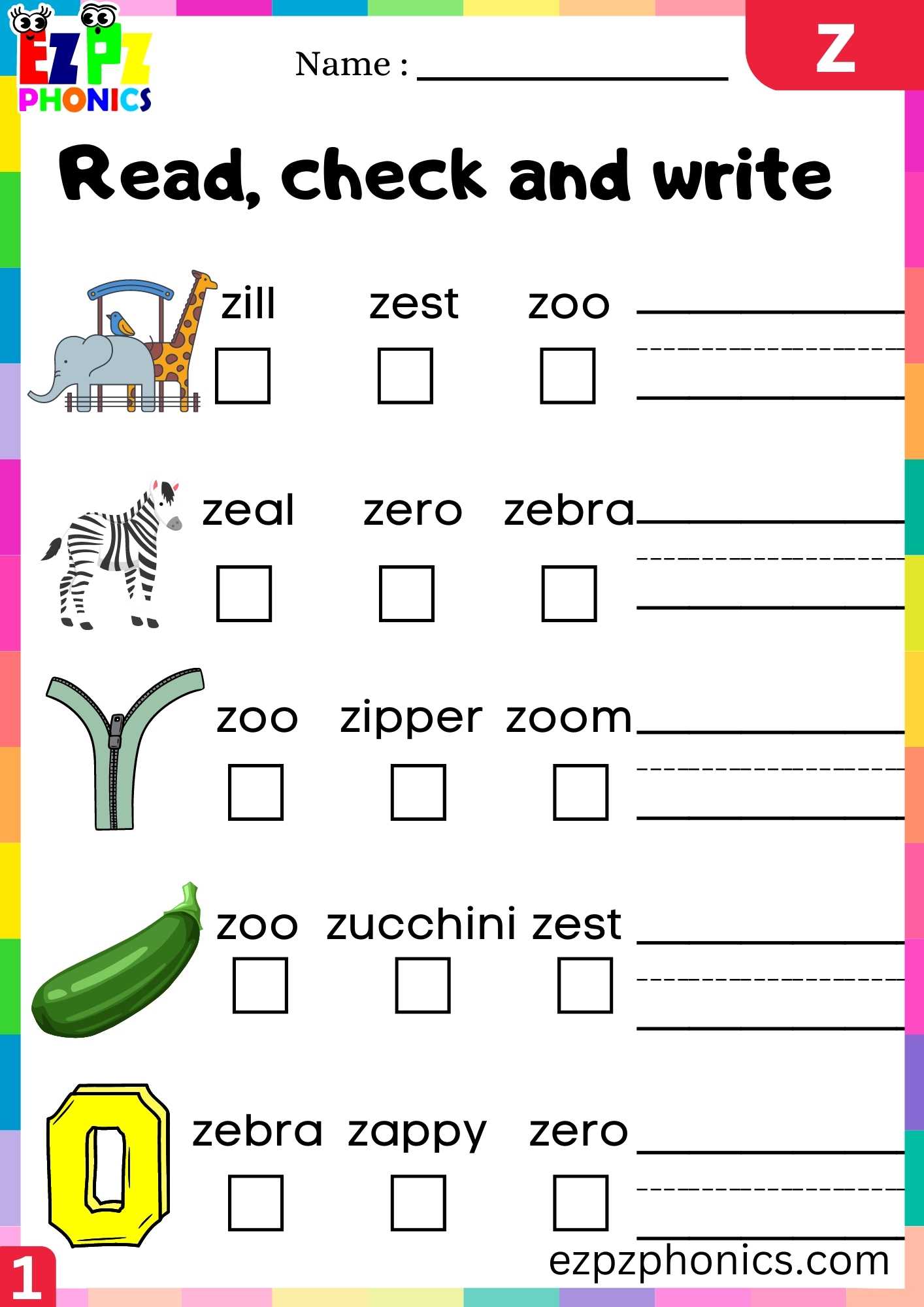 Letter Z Read, Check And Write Beginning Sounds Worksheet - ezpzphonics.com